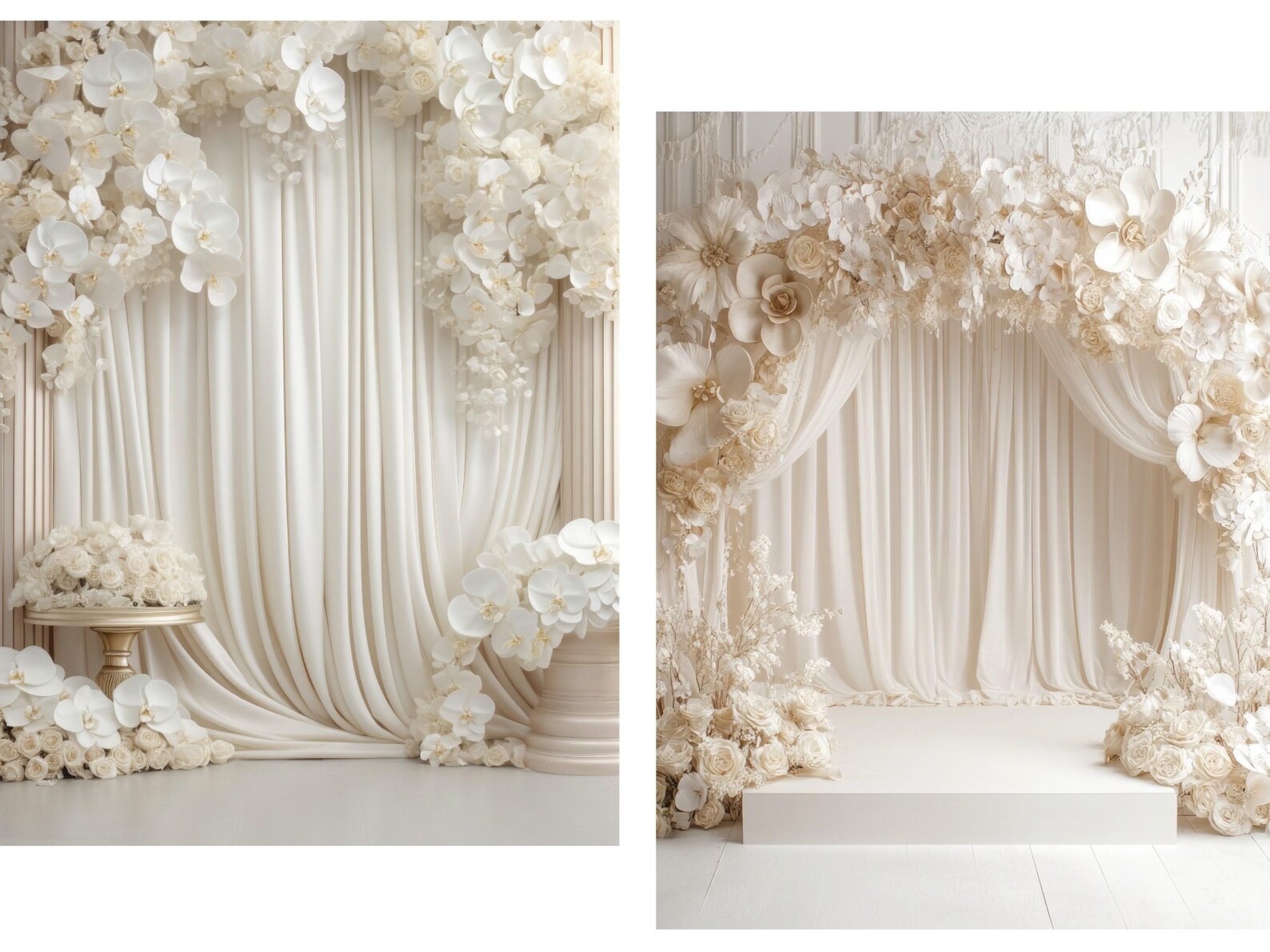 White Ivory Elegant Decor With Curtains and Flowers Digital Backdrops ...