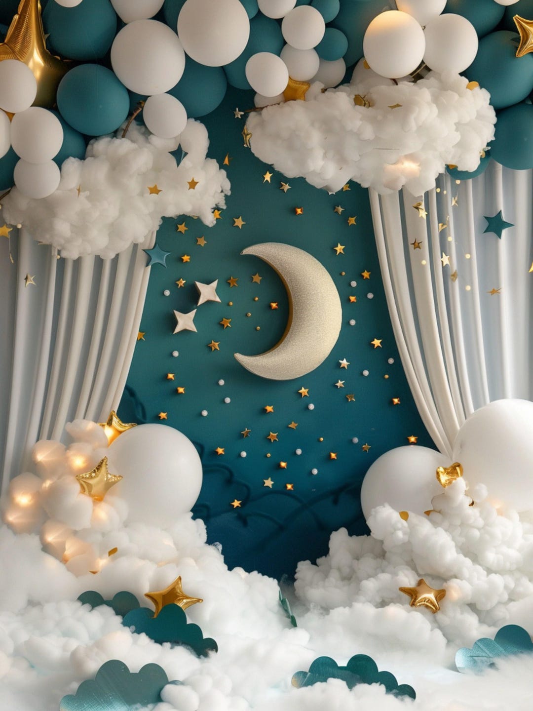 10 Birthday Party Digital Backdrop, Moon, Stars, Balloons Virtual ...