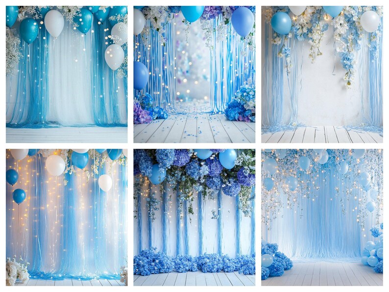 12 Blue Balloon Garland Digital Backdrops, Balloon Arch With Lights and ...