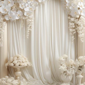 White Ivory Elegant Decor With Curtains and Flowers Digital Backdrops ...
