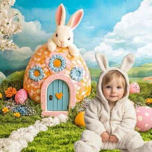 Easter Digital Backdrop, 1 Virtual Background for Kids/ Children, Bunny House Backdrop for ...