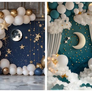 10 Birthday Party Digital Backdrop, Moon, Stars, Balloons Virtual ...