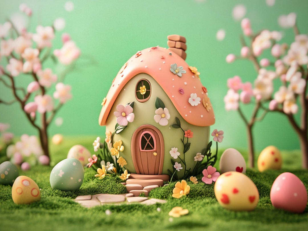 Easter Egg House Digital Backdrop, Bunny House Virtual Background ...