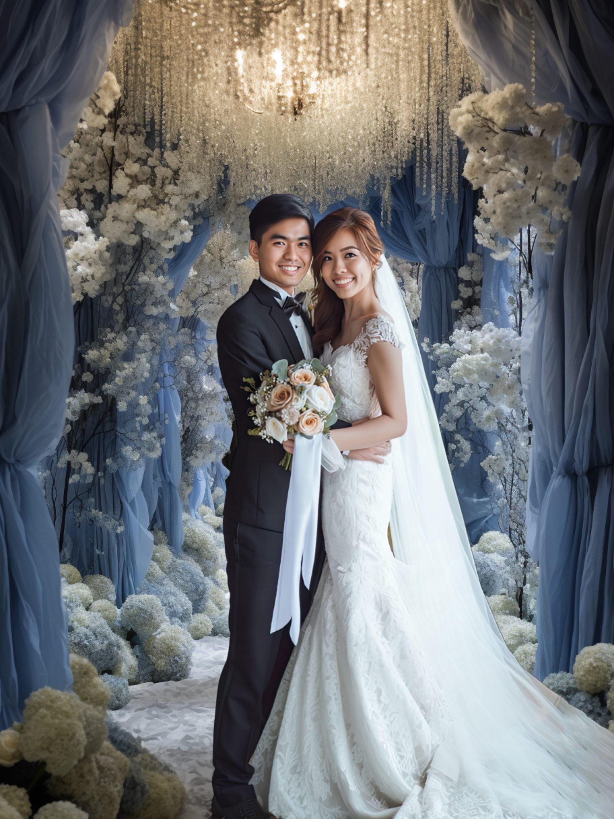 Wedding Digital Backdrop, Elegant Blue and White Decor Virtual ...