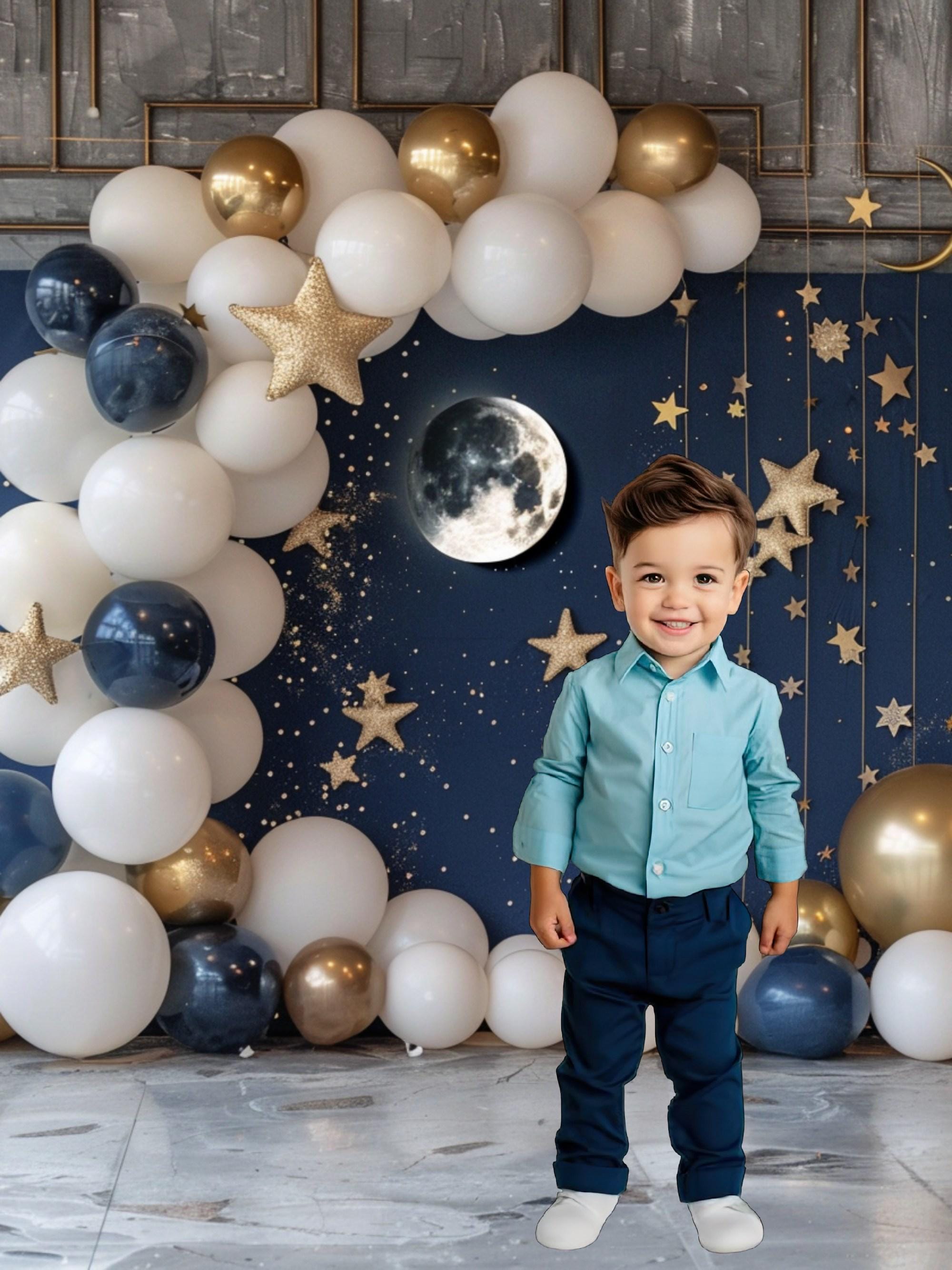 10 Birthday Party Digital Backdrop, Moon, Stars, Balloons Virtual ...