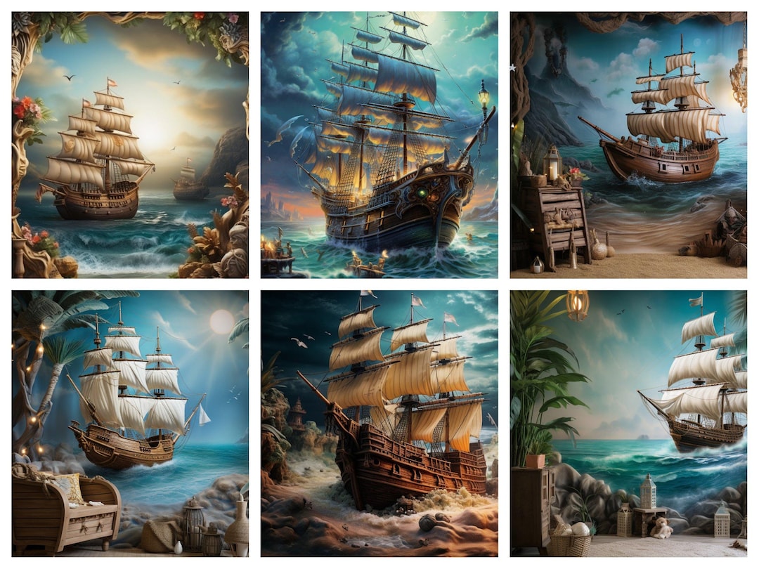 14 Pirate Ship Digital Backdrop, Birthday Party Virtual Background ...