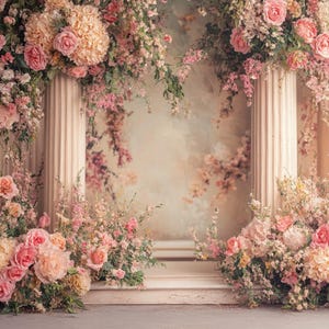 Elegant Digital Backdrop With Columns and Pink Peach Flowers, Floral ...
