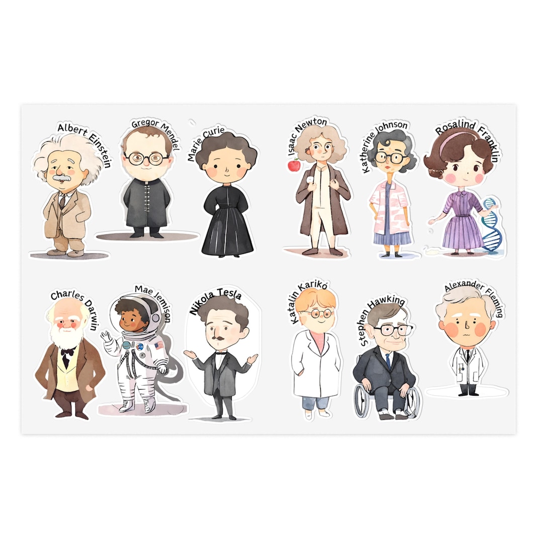 Famous Scientists Stickers, Cute and Funny Cartoon for Teacher's Gift ...