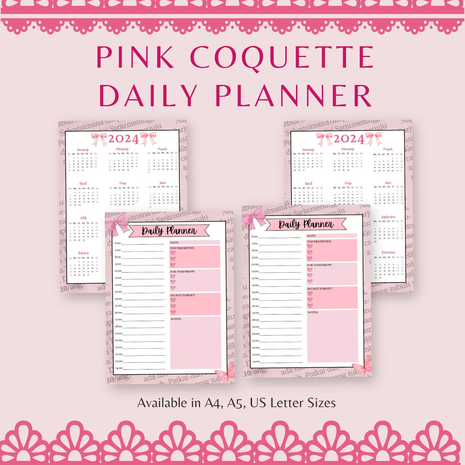 Coquette Pink Daily Planner 2024 Pink Planner Chic Daily Organizer ...