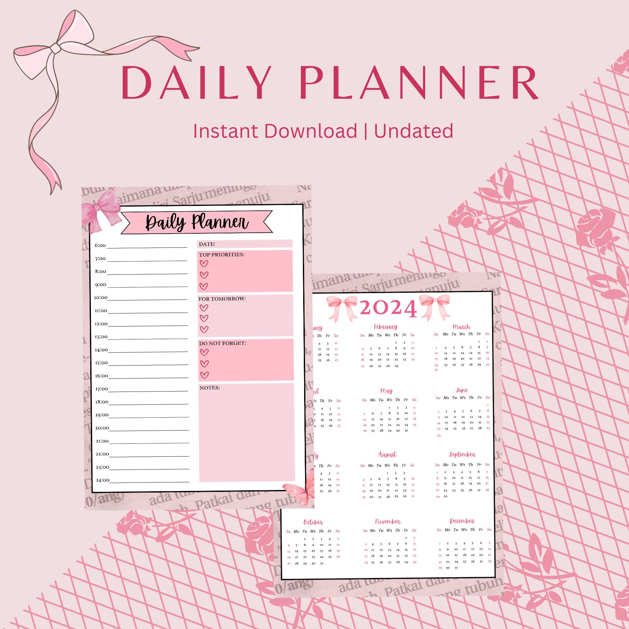 Coquette Pink Daily Planner 2024 Pink Planner Chic Daily Organizer ...