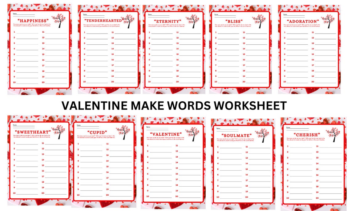 Valentine Make a Word Worksheet, Printable Valentine Worksheet, Holiday ...