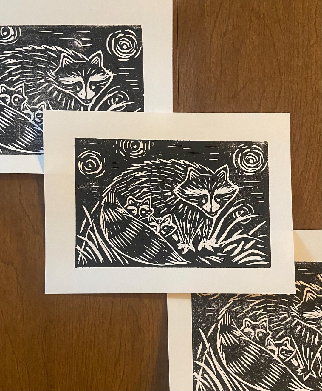 Raccoon With Babies Linocut Print - Etsy