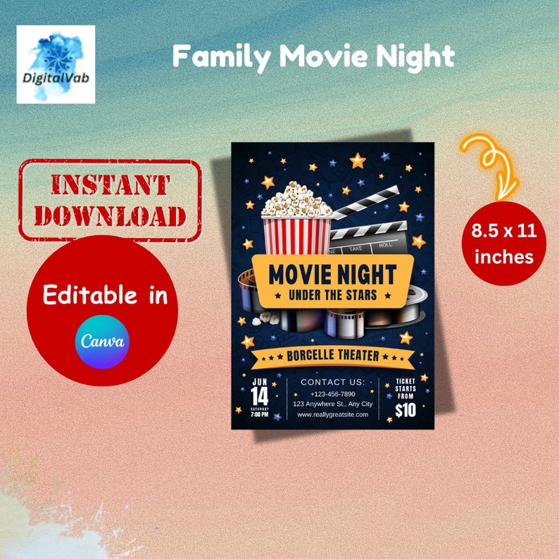 Editable Family Movie Night Flyer: Cinema Party Invitation (canva ...