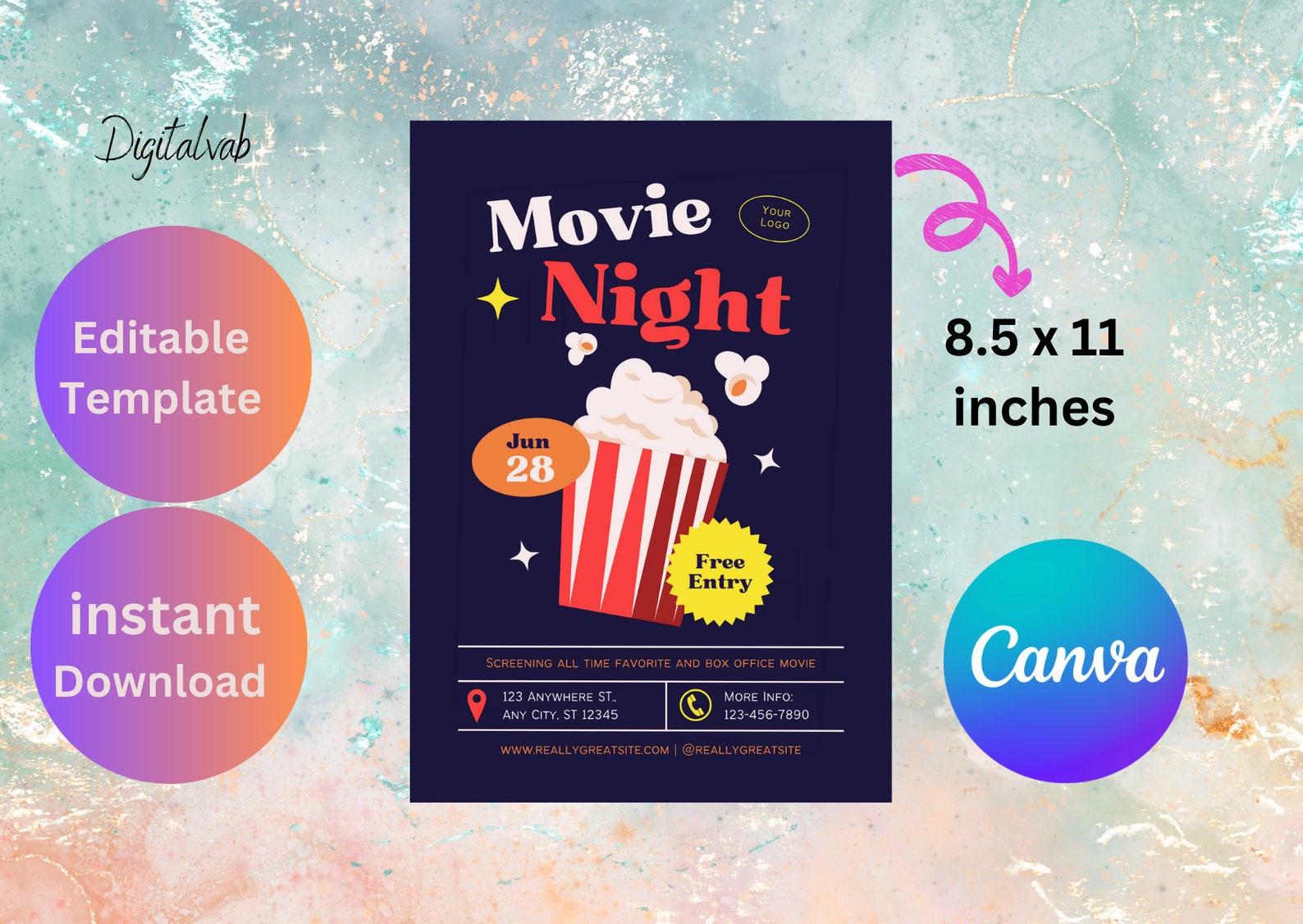 Family Movie Night Editable Flyer Fundraiser Event Poster, Cinema Party ...