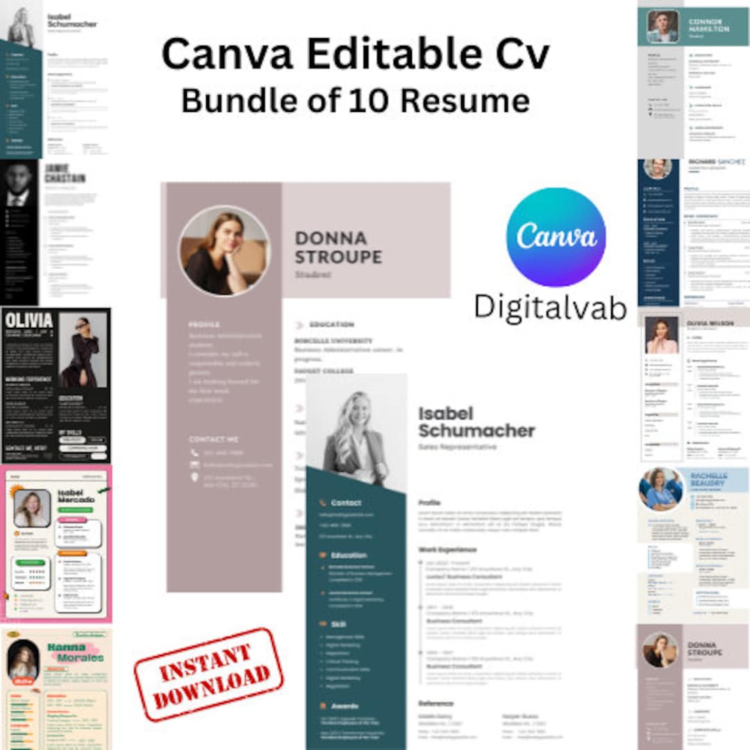 Modelo de currículo editável no Canva, cv profissional com foto, pacote ...