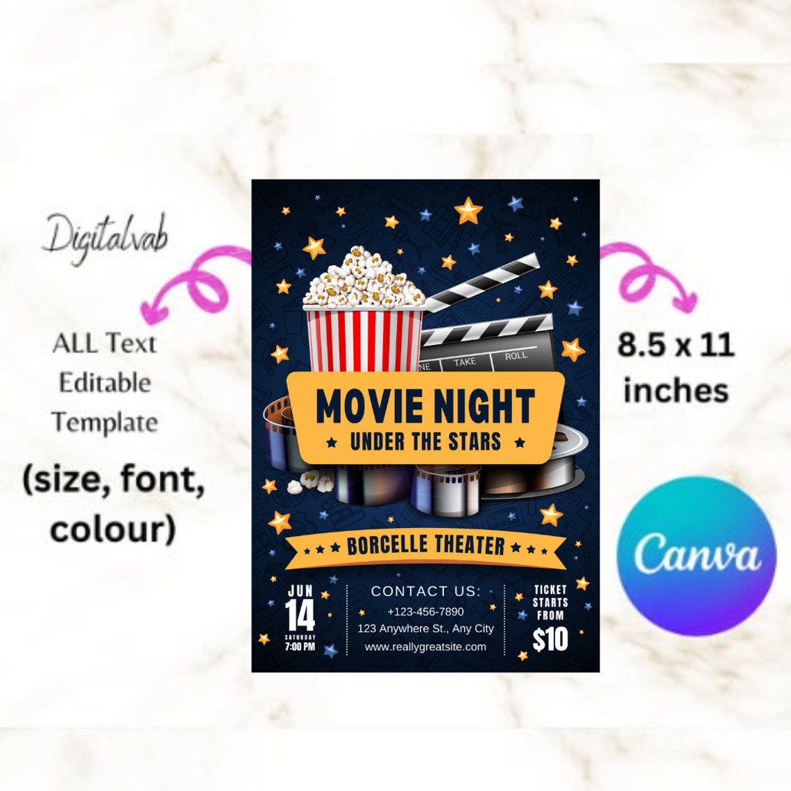 Editable Family Movie Night Flyer: Cinema Party Invitation (canva ...