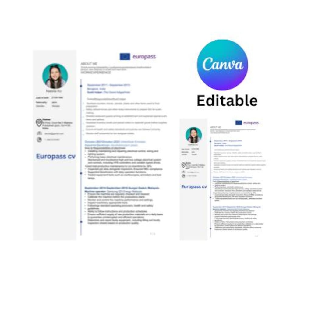 Europass Cv ,resume Cv Template Editable in Canva , Professinonal Cv ...