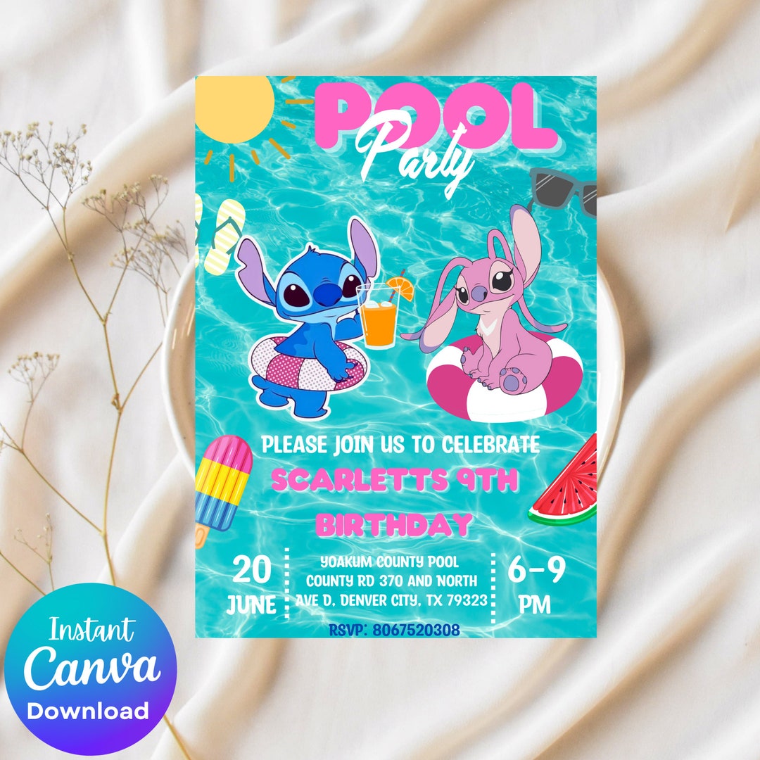 Stitch Angel Pool Birthday Invitation Stitch Lilo Waterslide Party ...