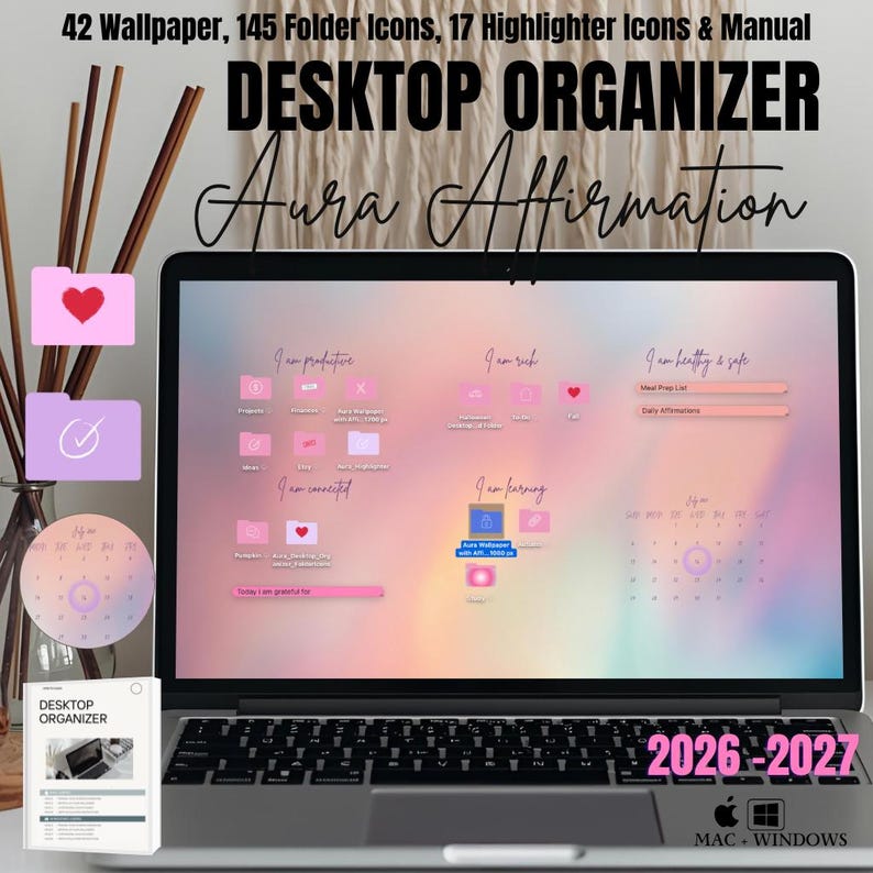 Desktop Organizer 2026 2027 Aura Affirmations 42 Wallpaper, 145 Folder ...