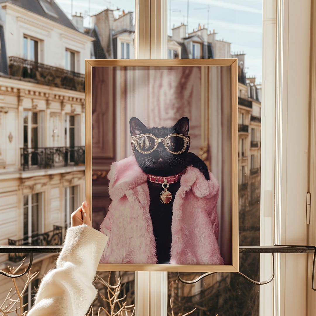 Luxury Cat Wall Art | Black Cat in Pink Fur Coat | Fashion Animal ...