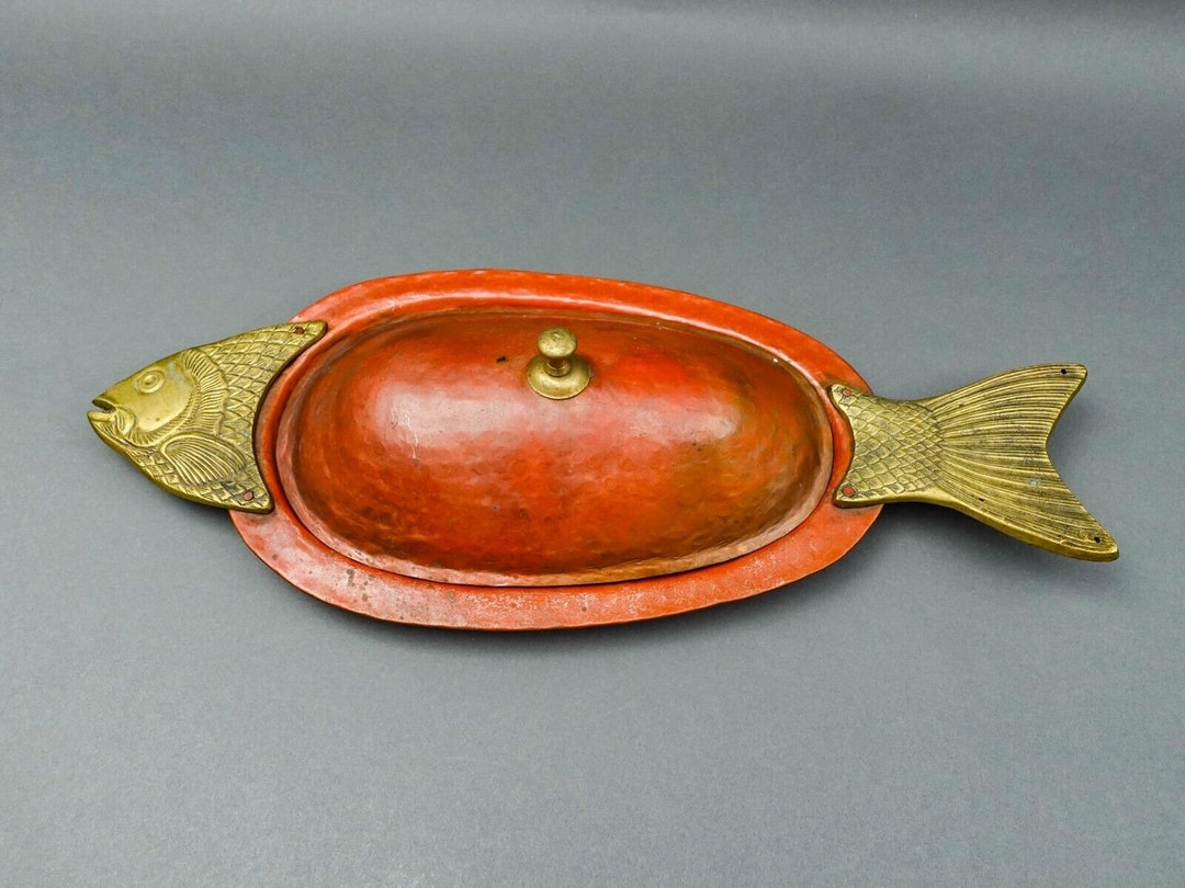 Vintage Large Hammered Copper Brass Fish Lidded Pan Poacher Serving ...