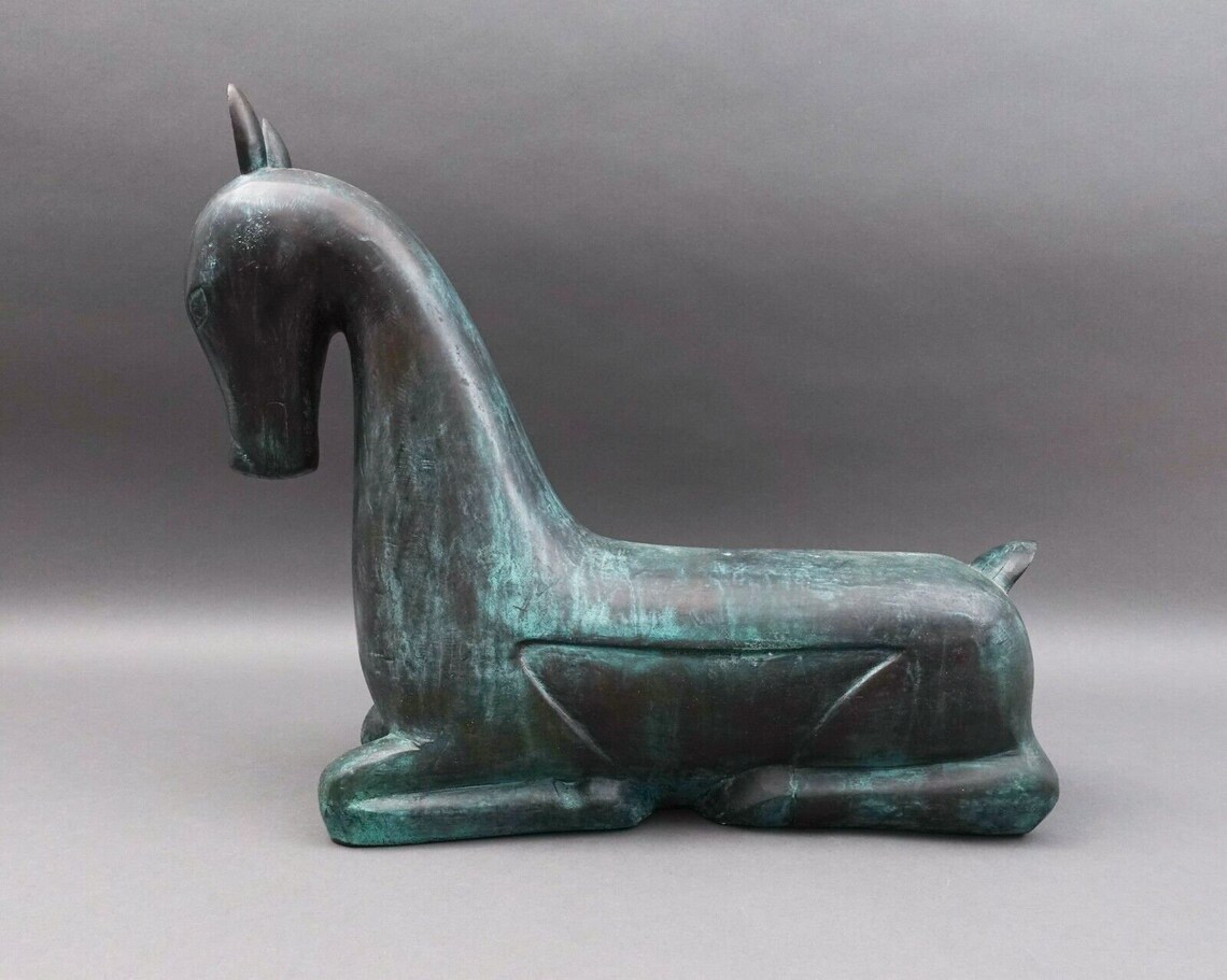 Maitland Smith Vintage Verdigris Bronze Recumbent Foal Statue Sculpture ...