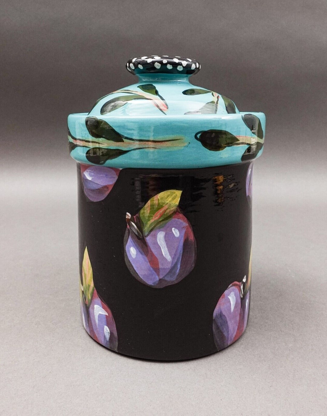 Droll Designs Hand Painted Plum Fruit Art Pottery Lidded Jar Canister 7 ...