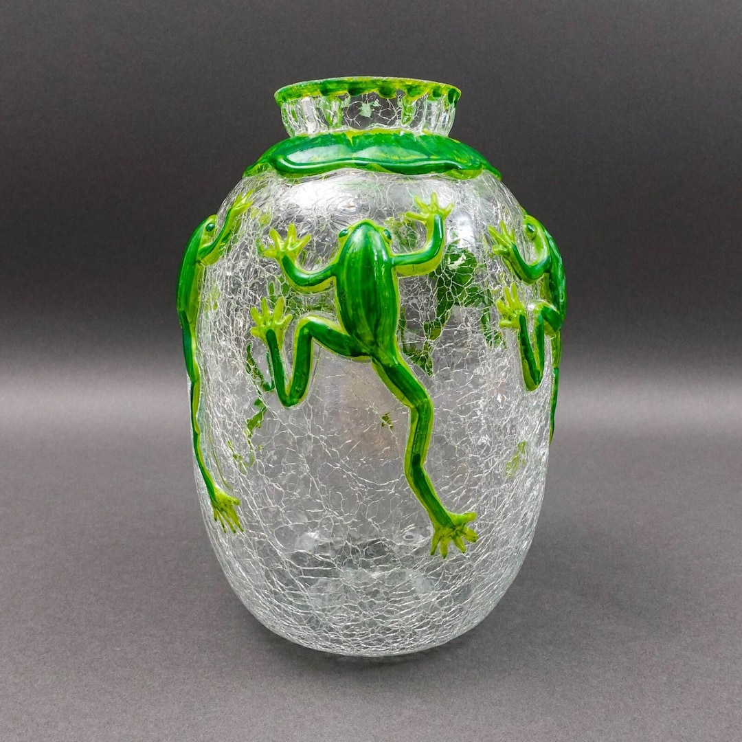 Vintage Applied Five Green Frogs in Relief Clear Crackle Glass Vase 10 ...