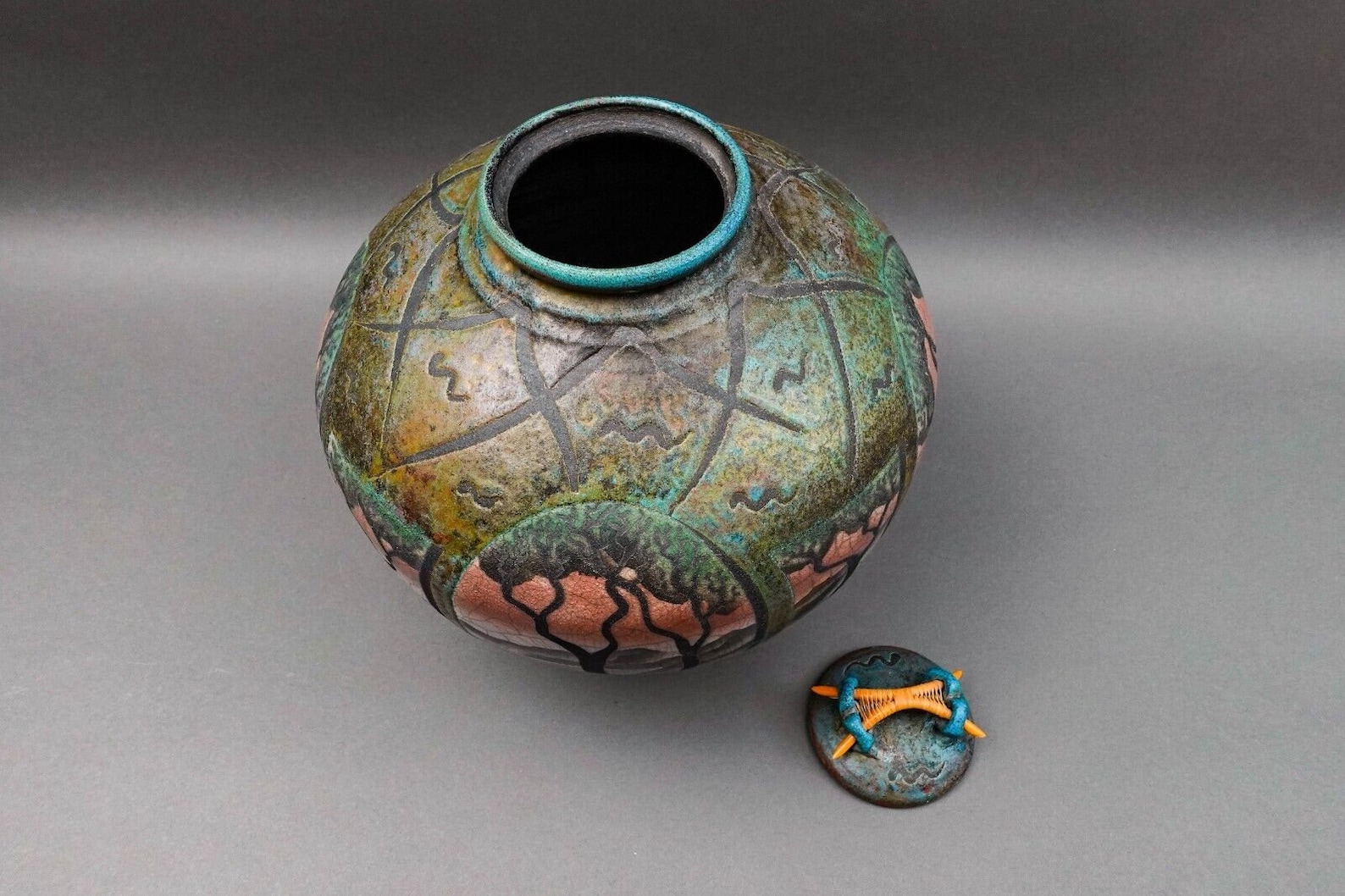 Ken Jensen 1998 Signed Large Landscape Scene Raku Pottery Covered ...