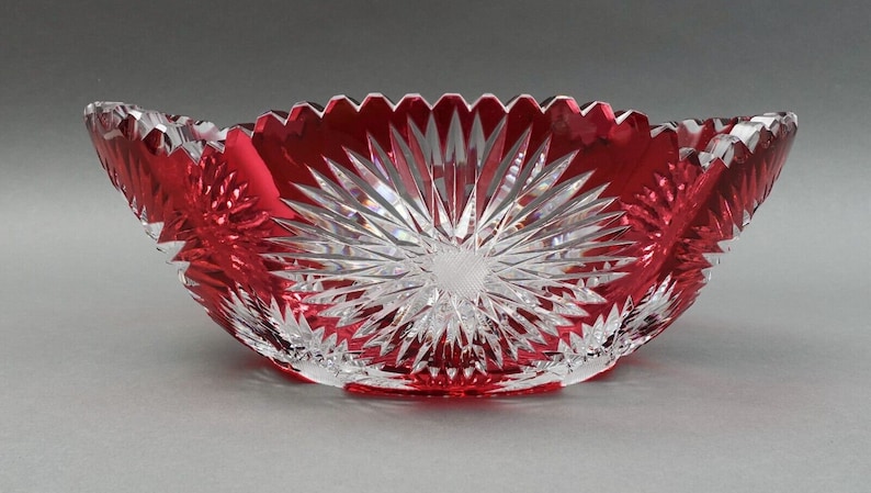 Bohemian Czech Ruby Red Sawtooth Rim Cut to Clear Crystal Centerpiece ...