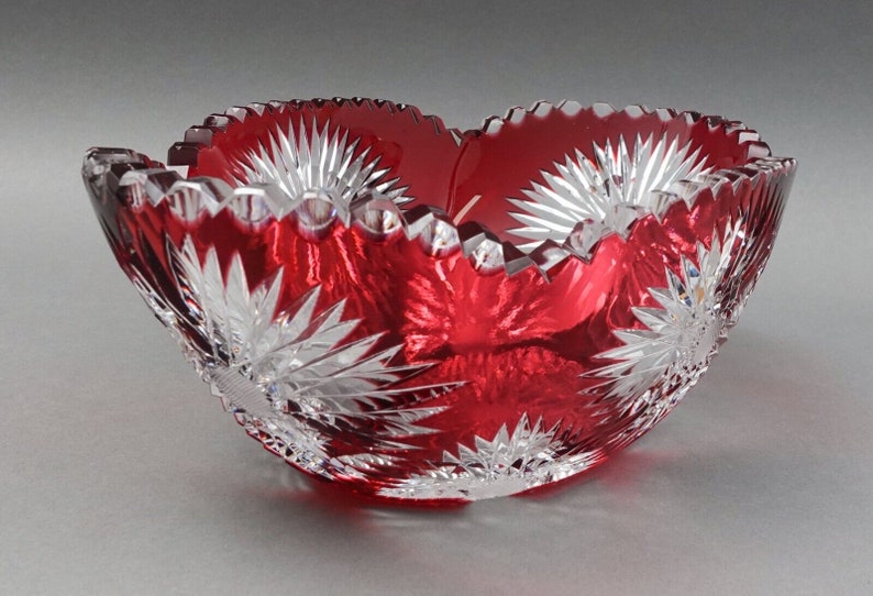 Bohemian Czech Ruby Red Sawtooth Rim Cut to Clear Crystal Centerpiece ...