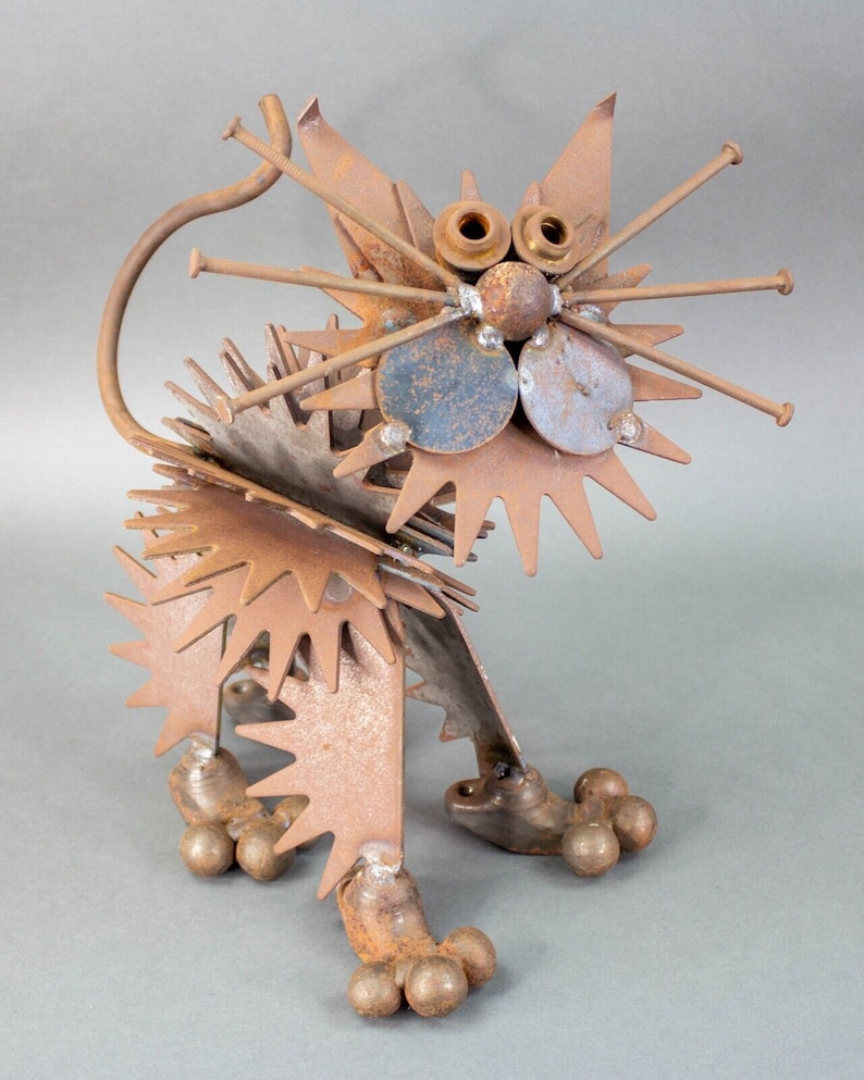 Cat Sculpture Welded Scrap Metal Nails Handmade Industrial Yard Folk ...