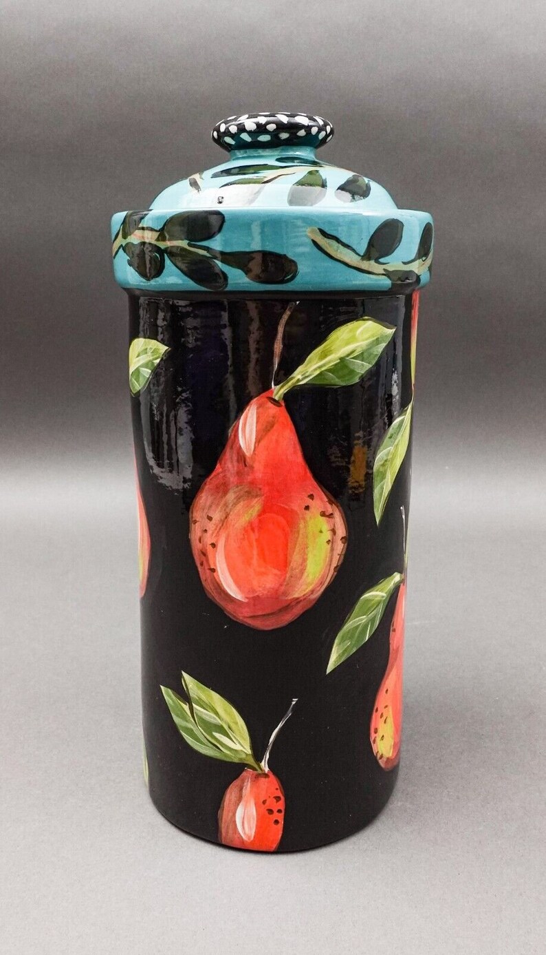 Droll Designs Hand Painted Pear Fruit Art Pottery Large Lidded Jar ...