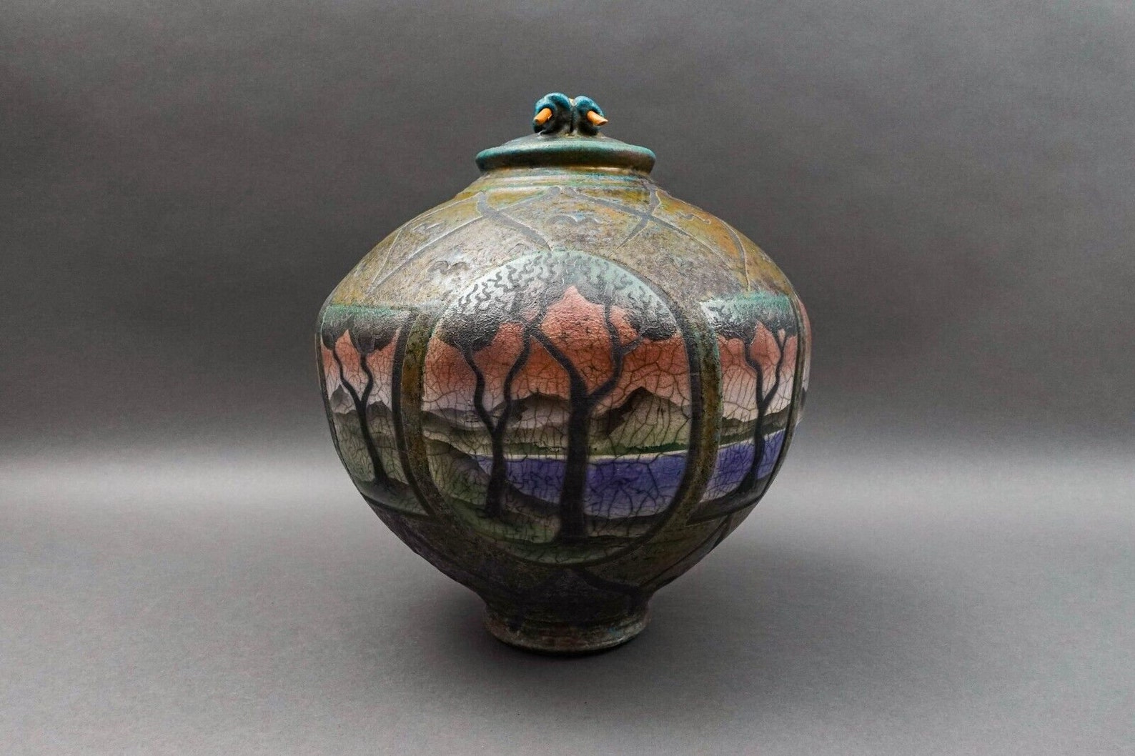 Ken Jensen 1998 Signed Large Landscape Scene Raku Pottery Covered ...