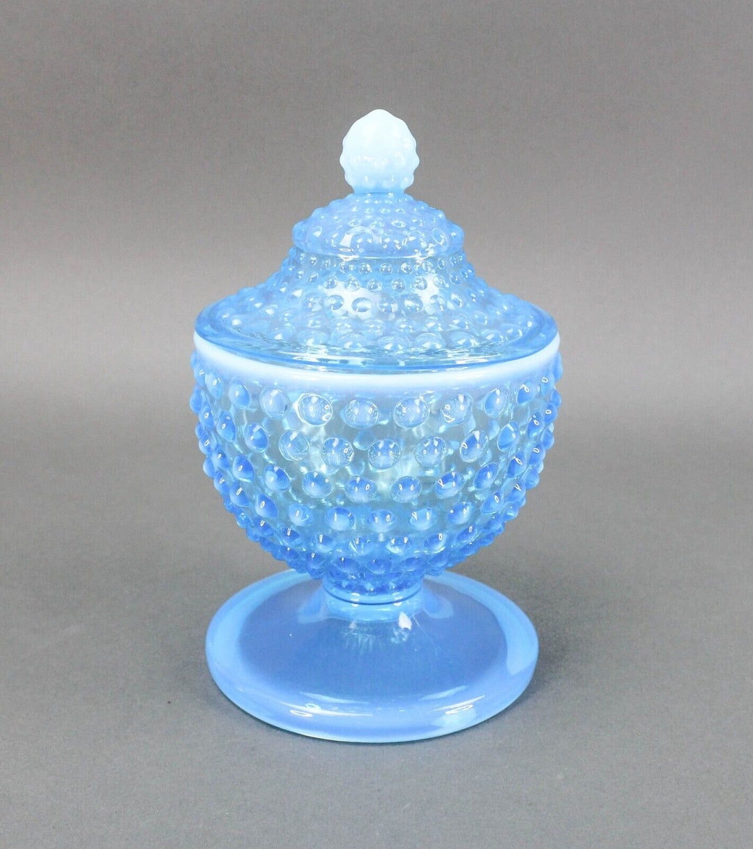 Fenton Blue Opalescent Hobnail Footed Covered Candy Dish Jar With Lid 7 ...