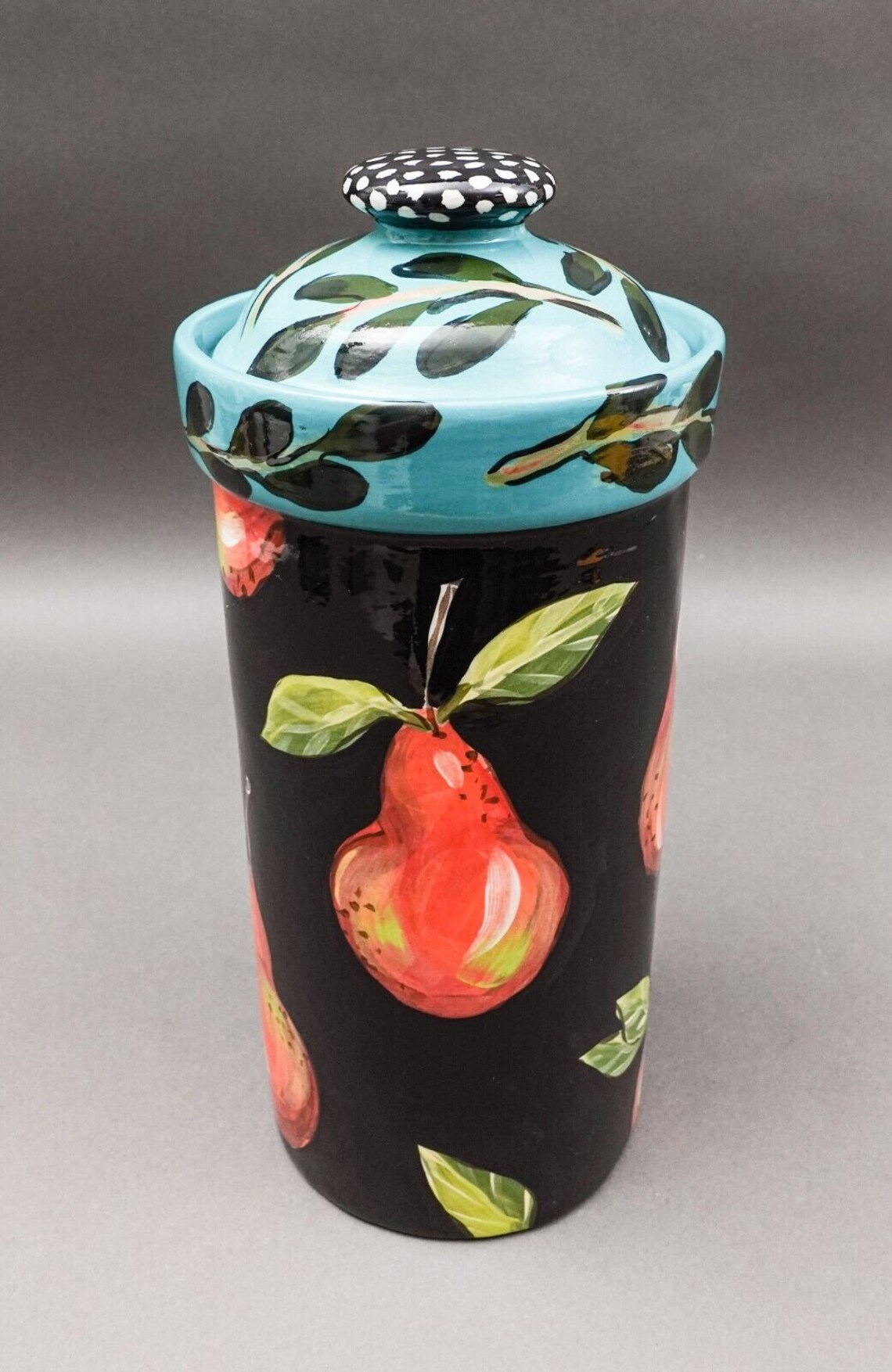 Droll Designs Hand Painted Pear Fruit Art Pottery Large Lidded Jar ...