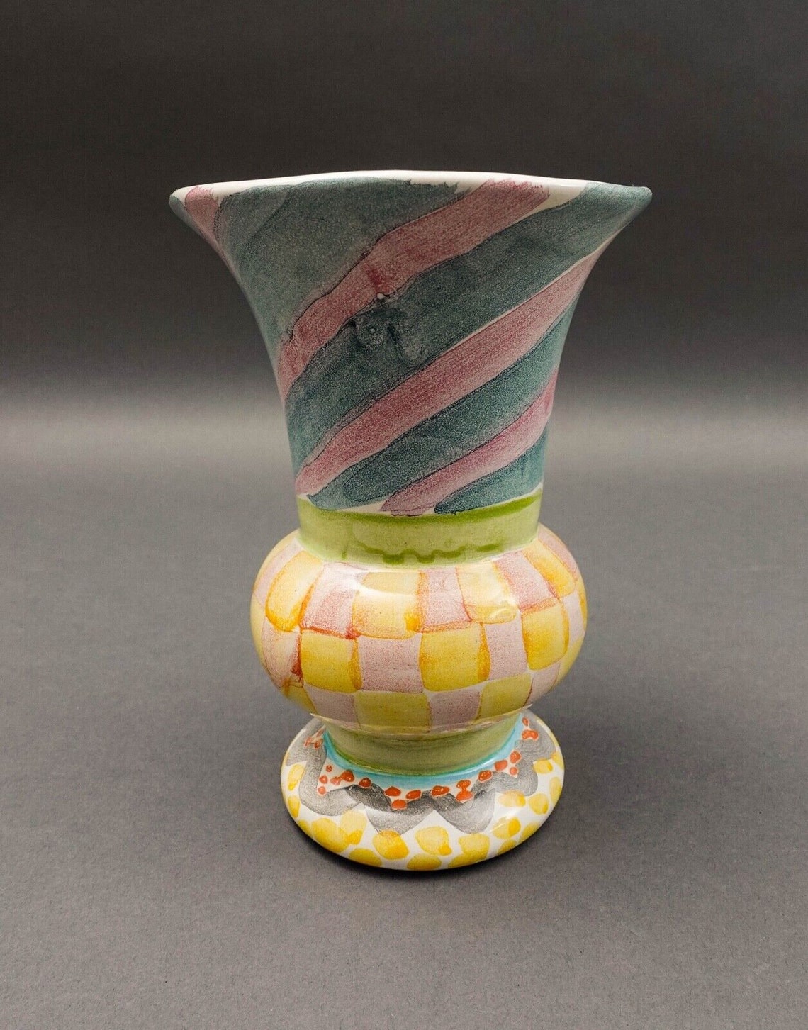 Mackenzie Childs Vintage Cayuga Hand Painted Art Pottery Footed Trumpet ...