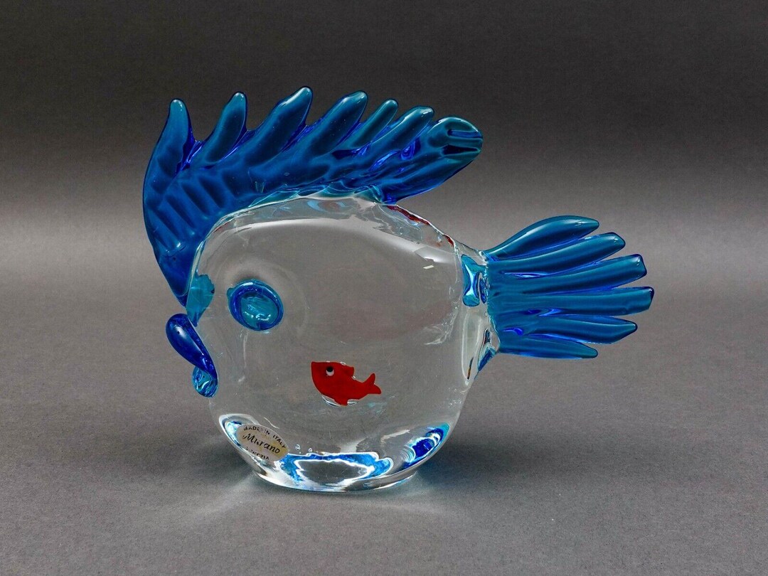 Vintage Murano Italy Blue Fish Red Goldfish Aquarium Glass Figurine ...