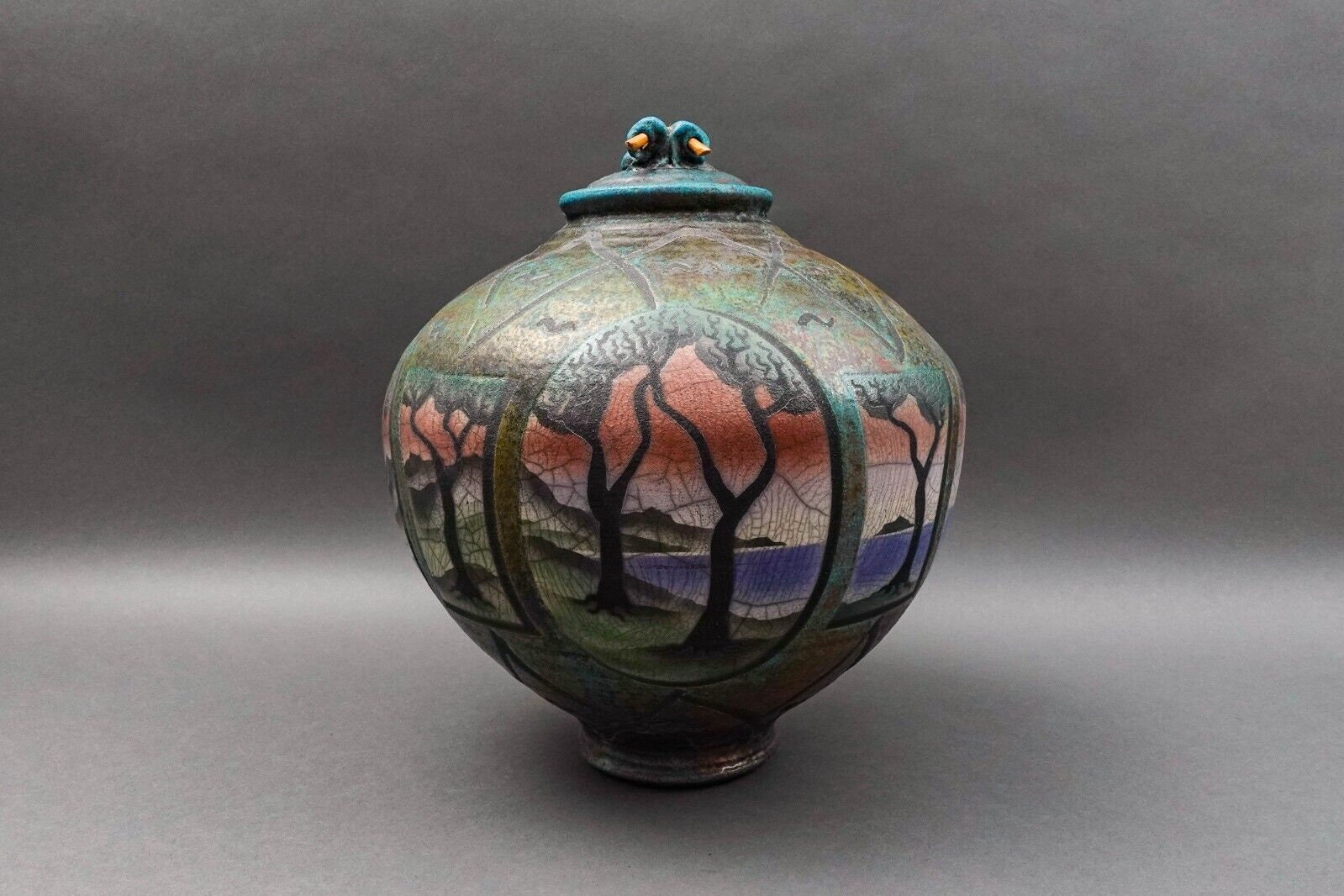 Ken Jensen 1998 Signed Large Landscape Scene Raku Pottery Covered ...