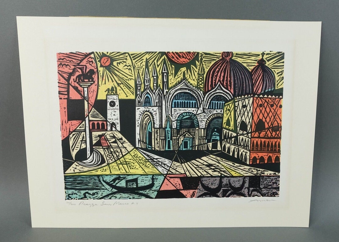 Irving Amen Pencil Signed "piazza San Marco" 1954 Mid Century Woodblock ...