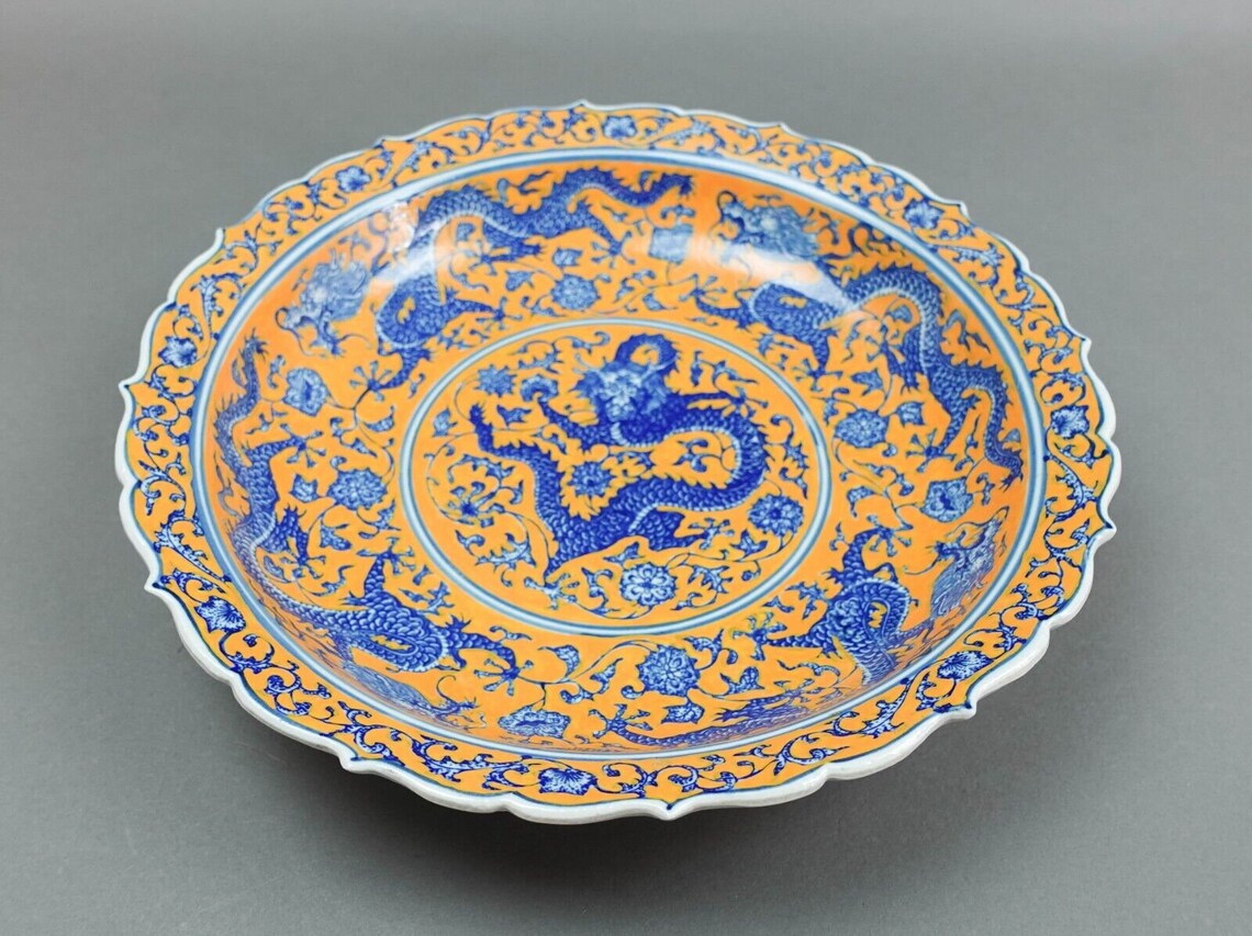 Chinese Imperial Yellow & Blue Dragon Bowl Qing Dynasty - Etsy