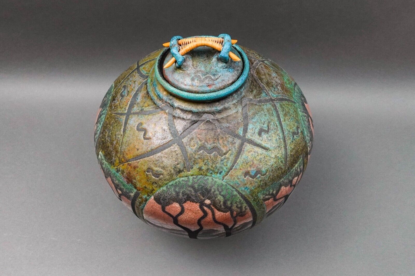 Ken Jensen 1998 Signed Large Landscape Scene Raku Pottery Covered ...