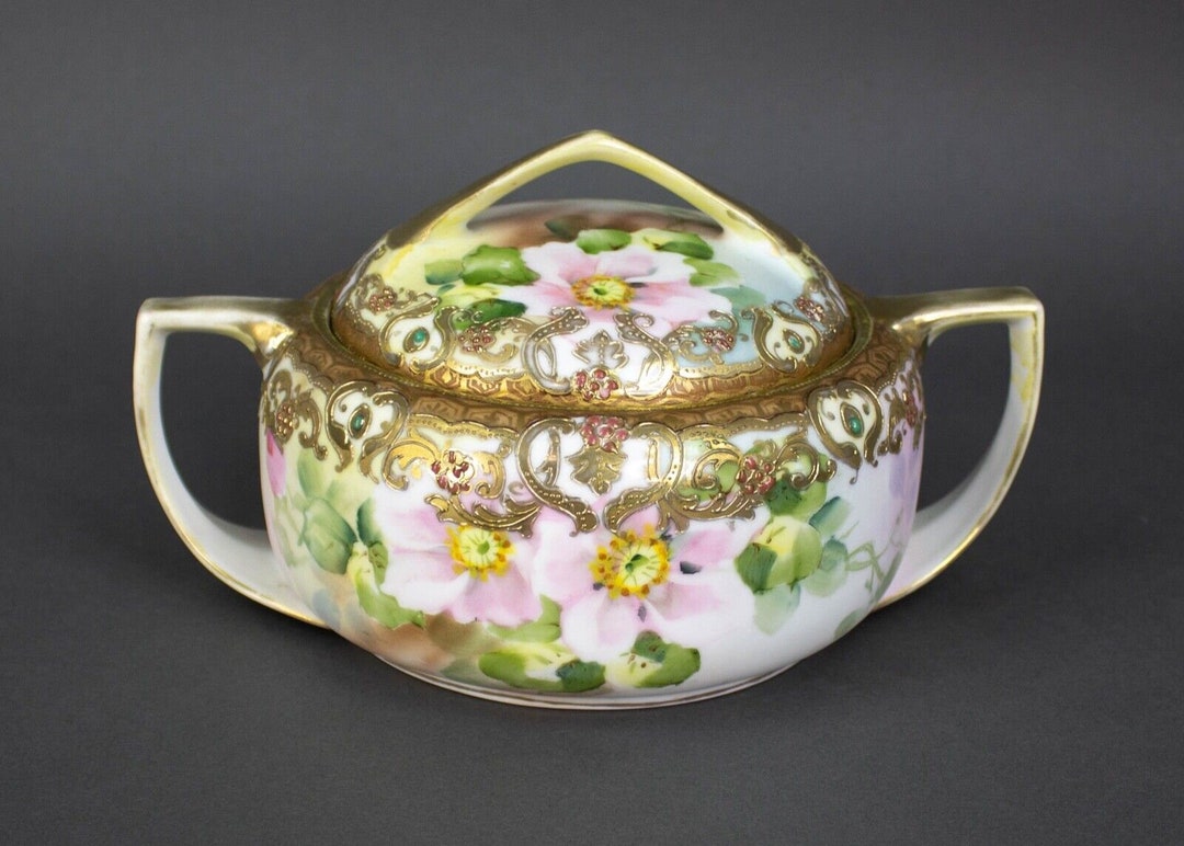 Nippon Hand Painted Embellished Floral Gold & Beaded Moriage Lidded ...