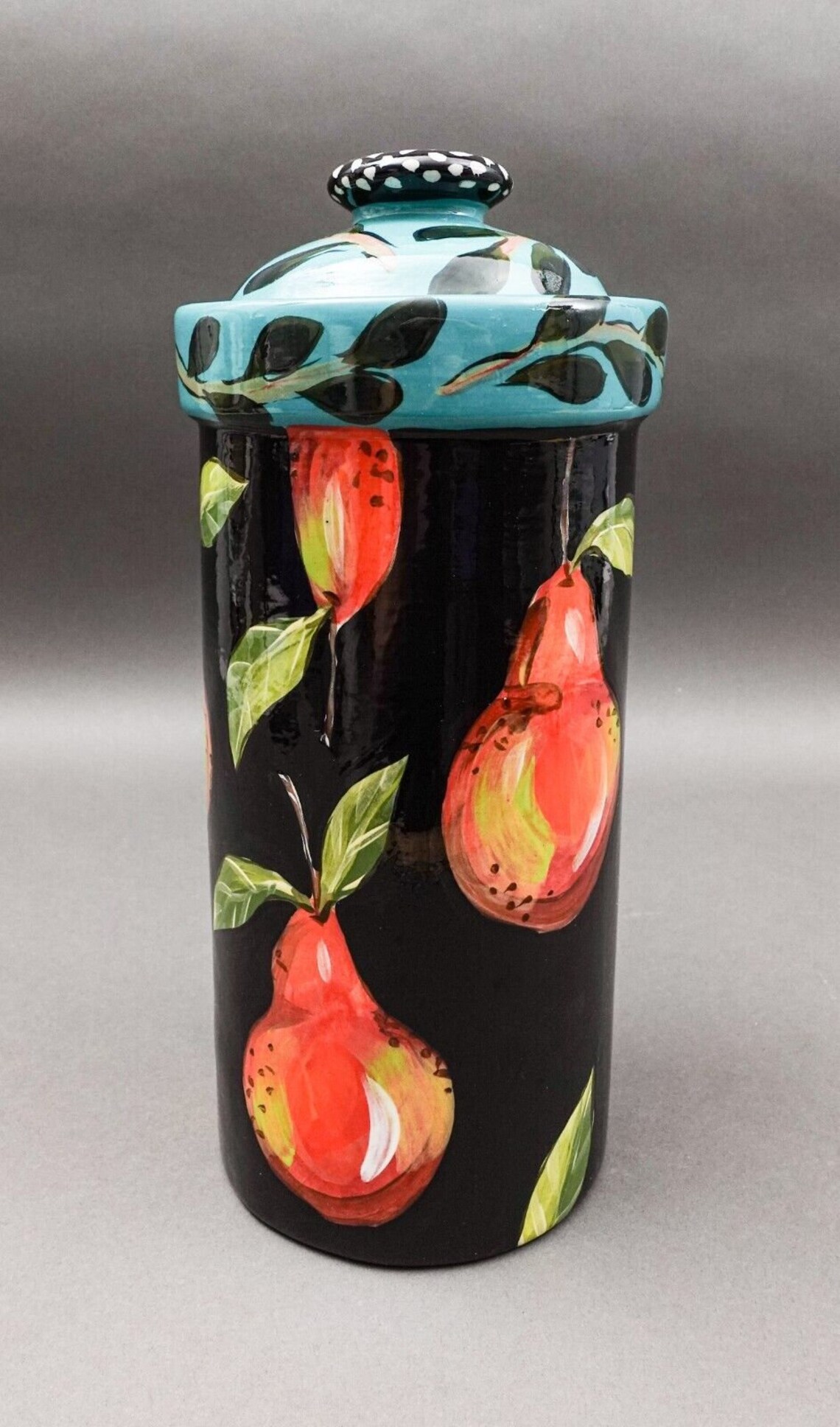 Droll Designs Hand Painted Pear Fruit Art Pottery Large Lidded Jar ...