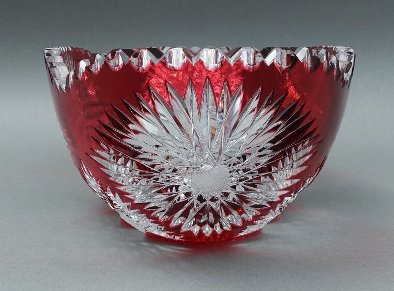 Bohemian Czech Ruby Red Sawtooth Rim Cut to Clear Crystal Centerpiece ...