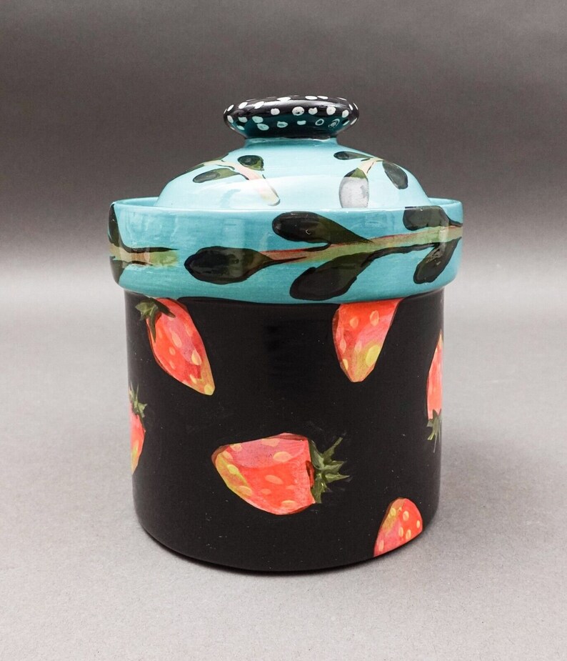 Droll Designs Hand Painted Strawberry Fruit Art Pottery Lidded Jar ...