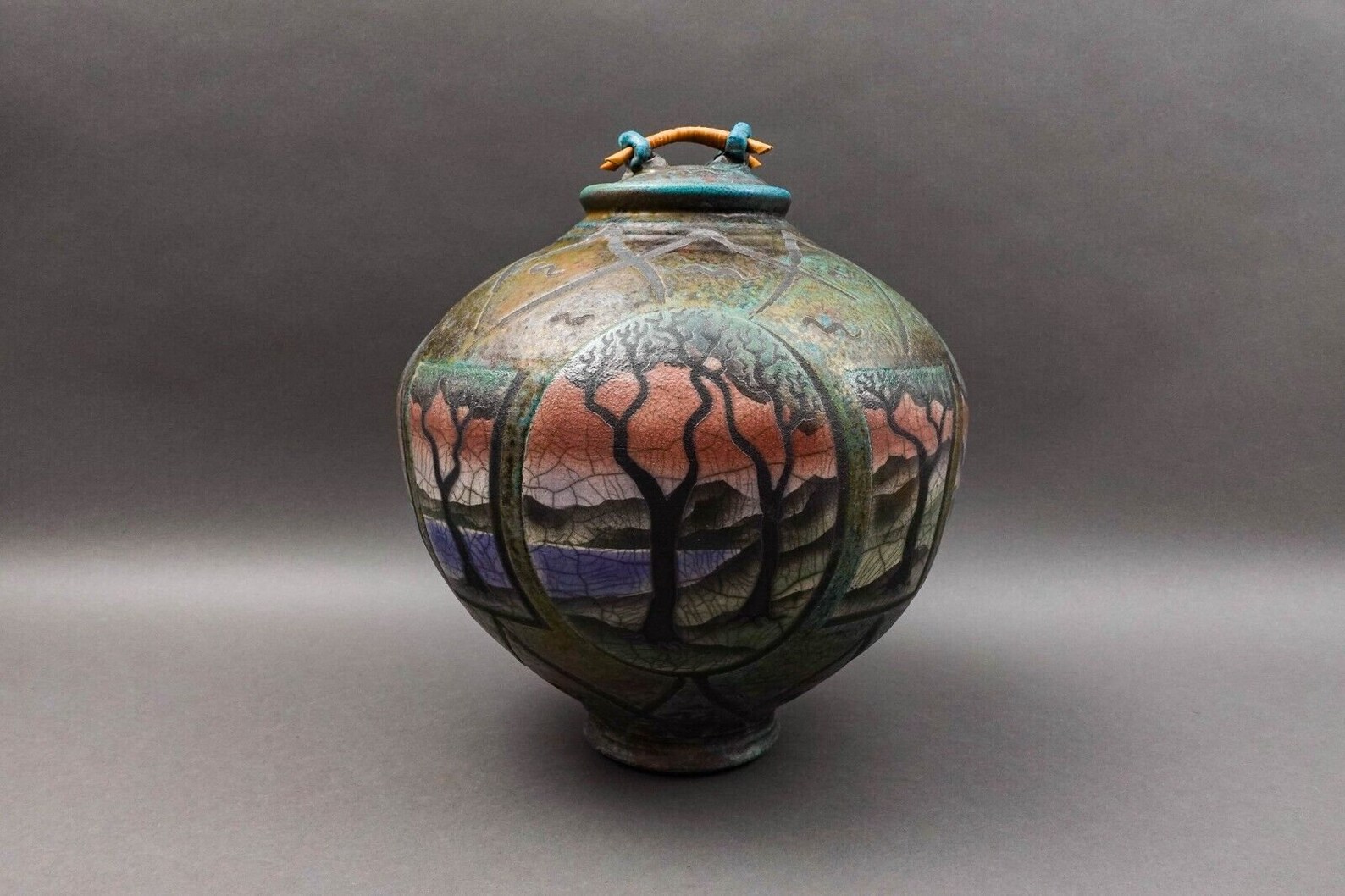 Ken Jensen 1998 Signed Large Landscape Scene Raku Pottery Covered ...