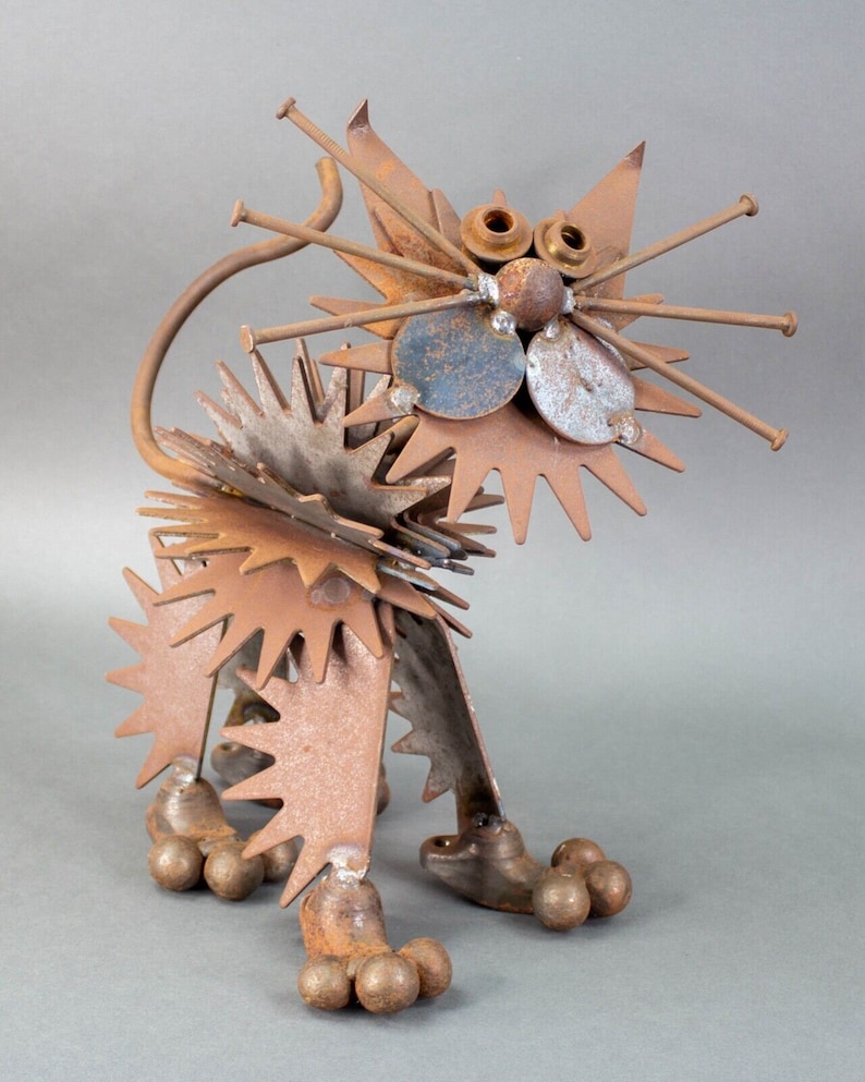 Cat Sculpture Welded Scrap Metal Nails Handmade Industrial Yard Folk ...