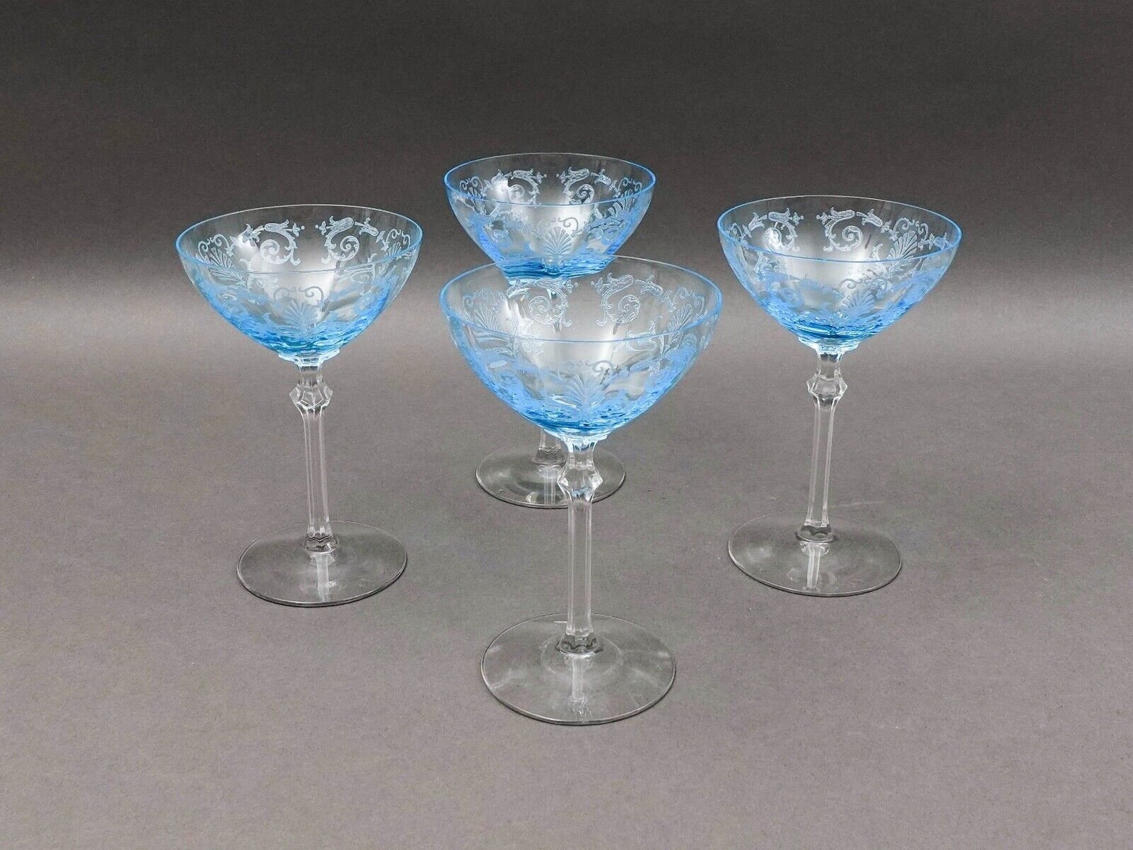 Fostoria Versailles Azure Blue Crystal 6 Champagne Coupe Glasses Set of ...