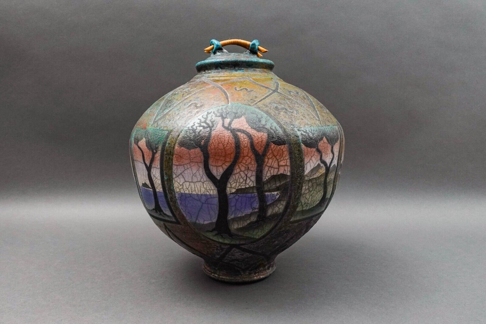 Ken Jensen 1998 Signed Large Landscape Scene Raku Pottery Covered ...